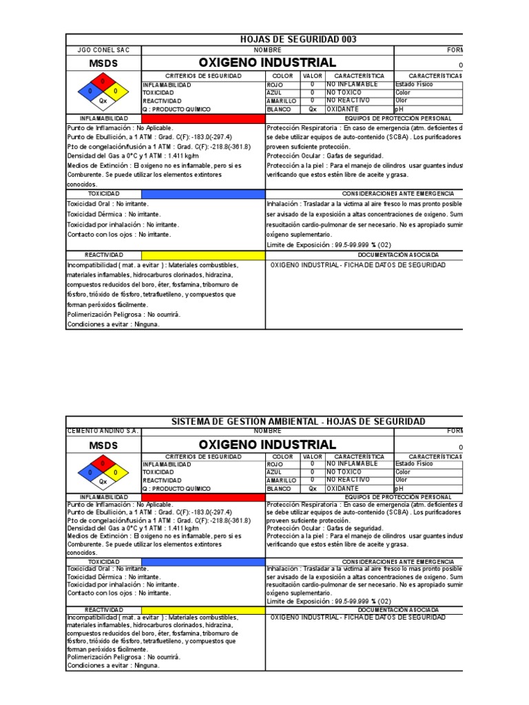 Msds-003, Oxigeno Industrial | PDF | Oxígeno | Fósforo