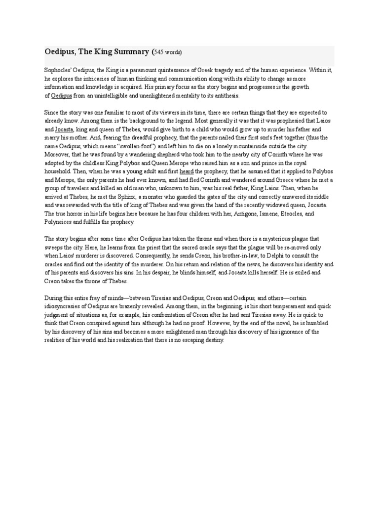 Oedipus, The King Summary ( | PDF | Oedipus | Mythology Of Central Greece