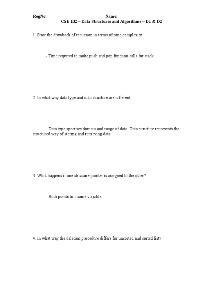 Regno: Name: Cse 102 - Data Structures and Algorithms - D1 & D2 ...