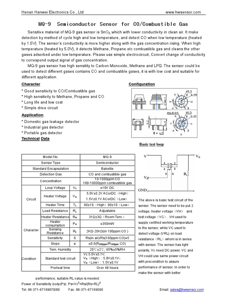 MQ-9 datasheet | Carbon Monoxide | Sensor