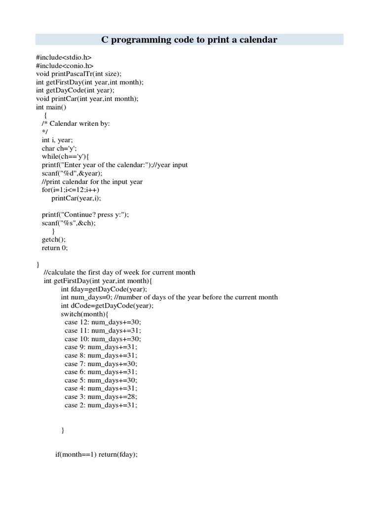 C Program to Print Monthly Calendar | PDF