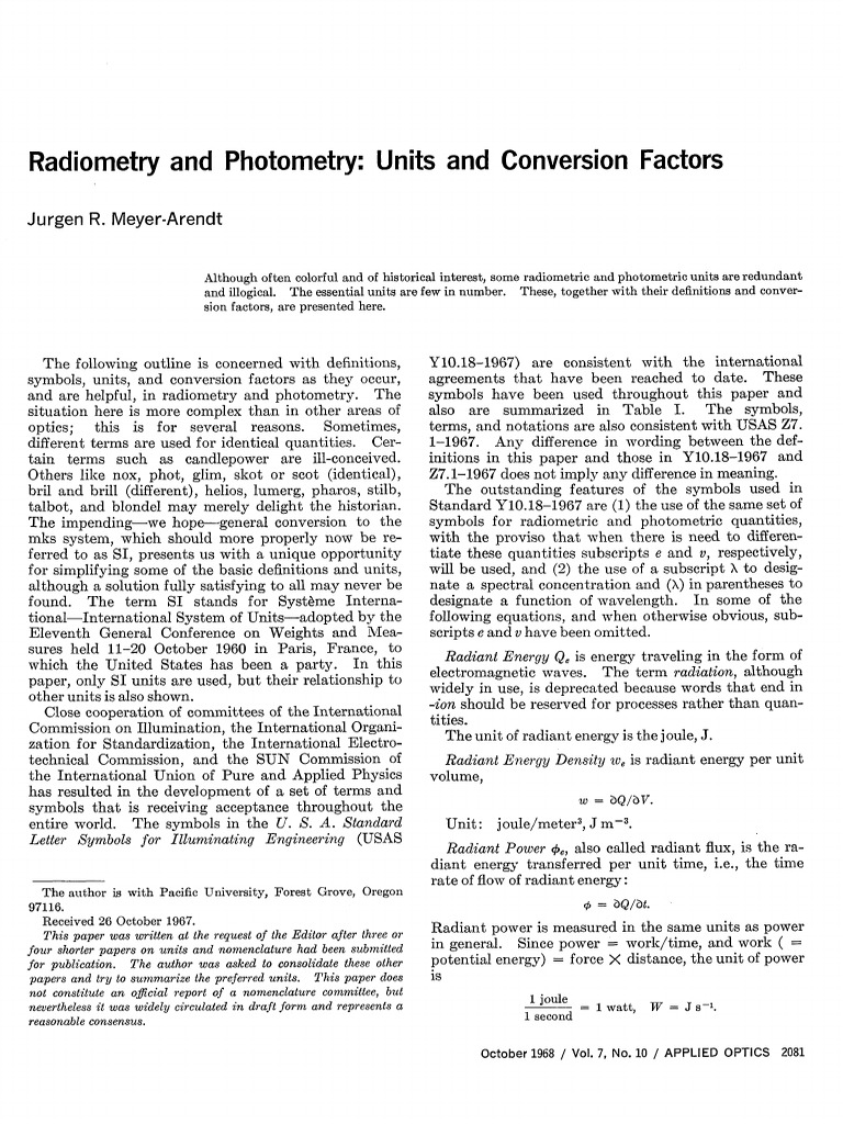 Radiometry and Photometry Units and Conversion Factors | PDF ...