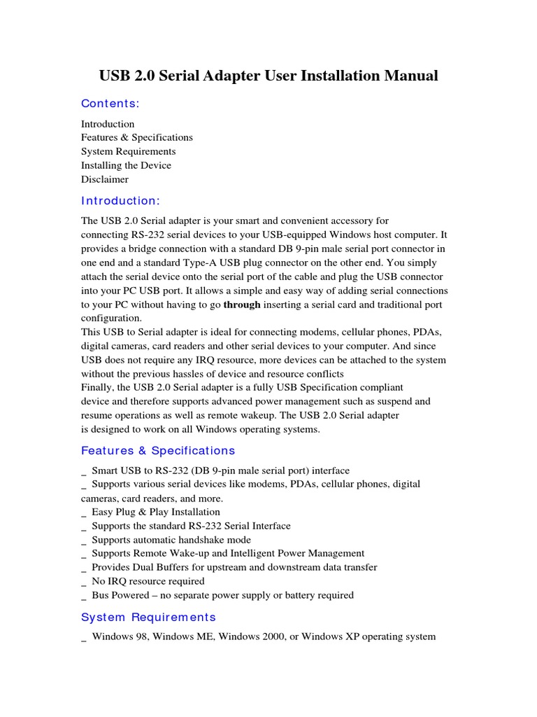 USB 2.0 Serial Adapter User Installation Manual: Contents | PDF | Usb ...