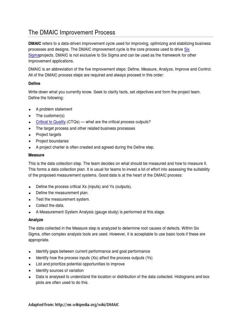 The DMAIC Improvement Process: Six Sigma | PDF | Accountability ...