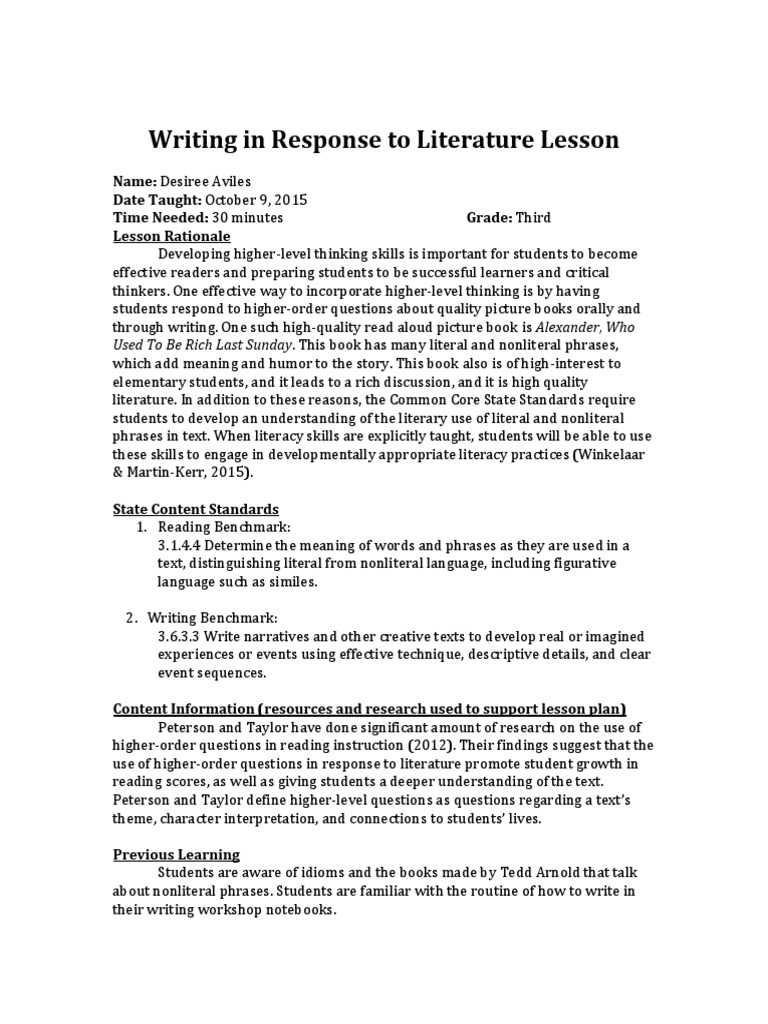 Third Grade Literature Response | PDF | Idiom | Narrative
