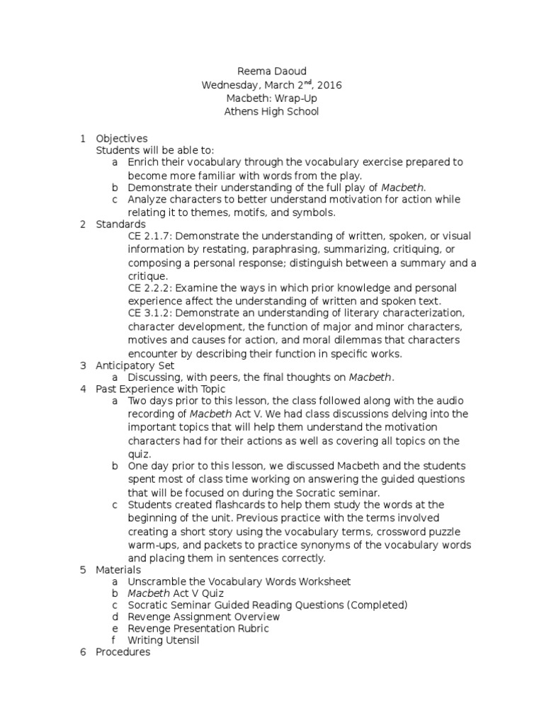 Macbeth Lesson Plan for Students | PDF | Macbeth