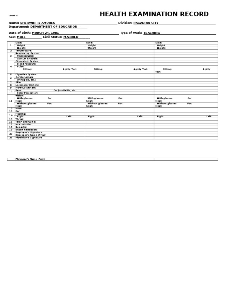 Cs Form 86 - Health Examination Record | PDF | Medical Specialties ...