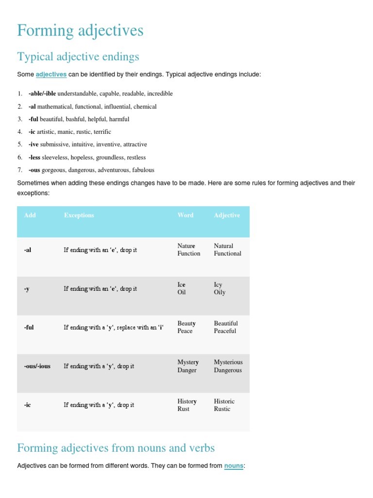 Forming Adjectives: Typical Adjective Endings | PDF | Adjective | Rules