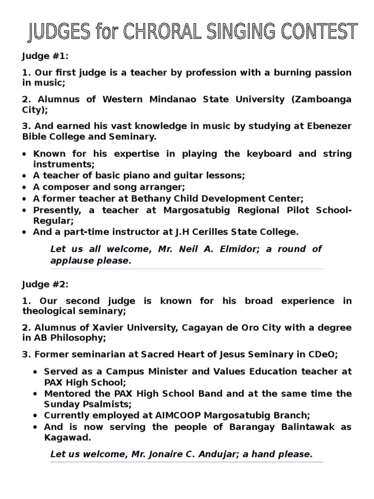 Judges' Profiles for Music and Dance Event | PDF | Performing Arts ...