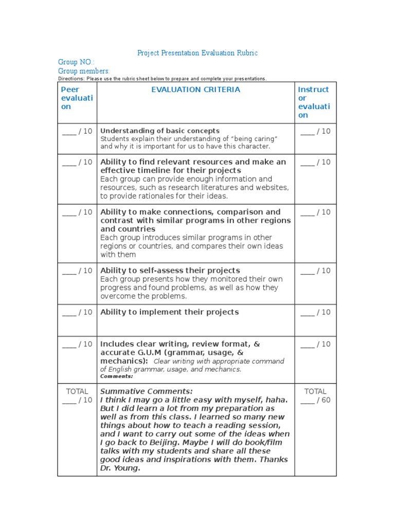 Project Presentation Evaluation Rubric Pdf Career Growth Business