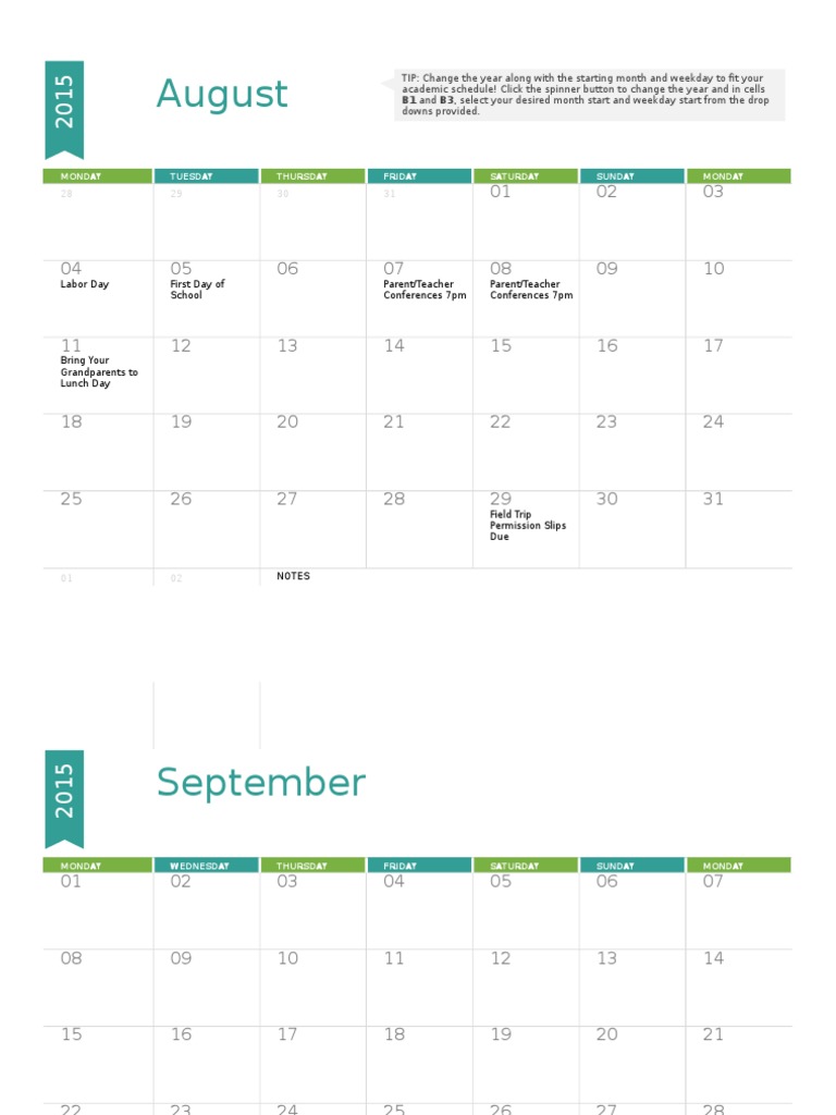 2015-2016 Academic Calendar Template | PDF