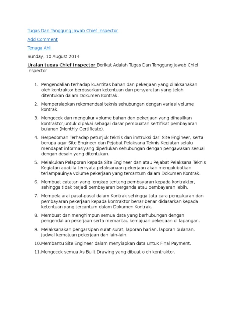 Tugas Dan Tanggung Jawab Chief Inspector | PDF