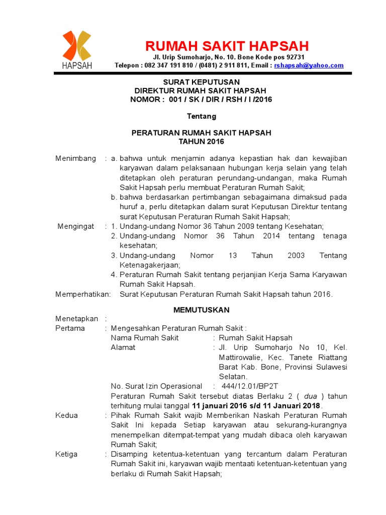 Peraturan Rumah Sakit Hapsah | PDF