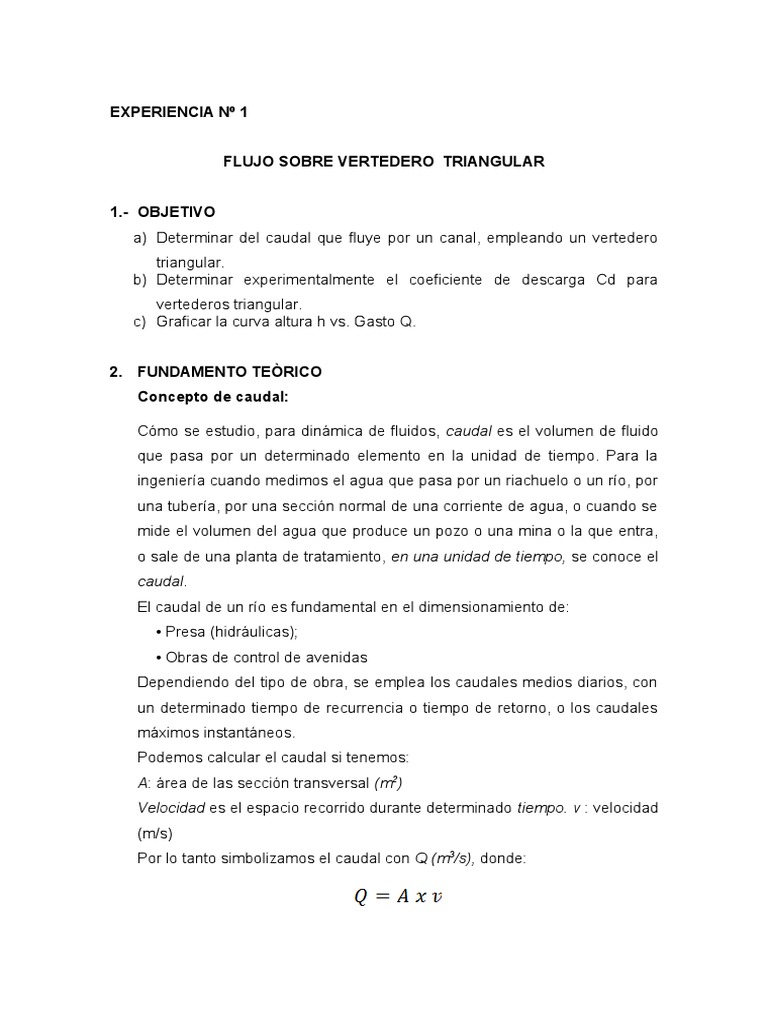 Flujo Sobre Vertedero Triangular | Descargar gratis PDF | Vórtices | Descarga (hidrología)