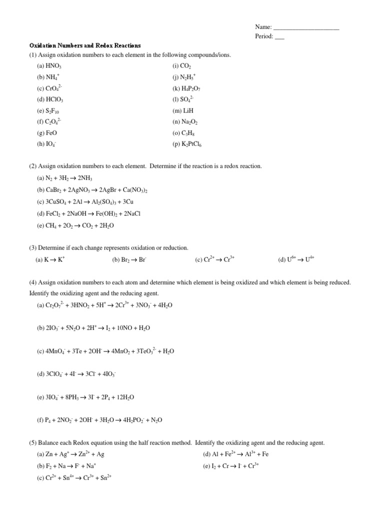 Chemistry Redox Practice Worksheet | PDF | Electrochemistry | Anode