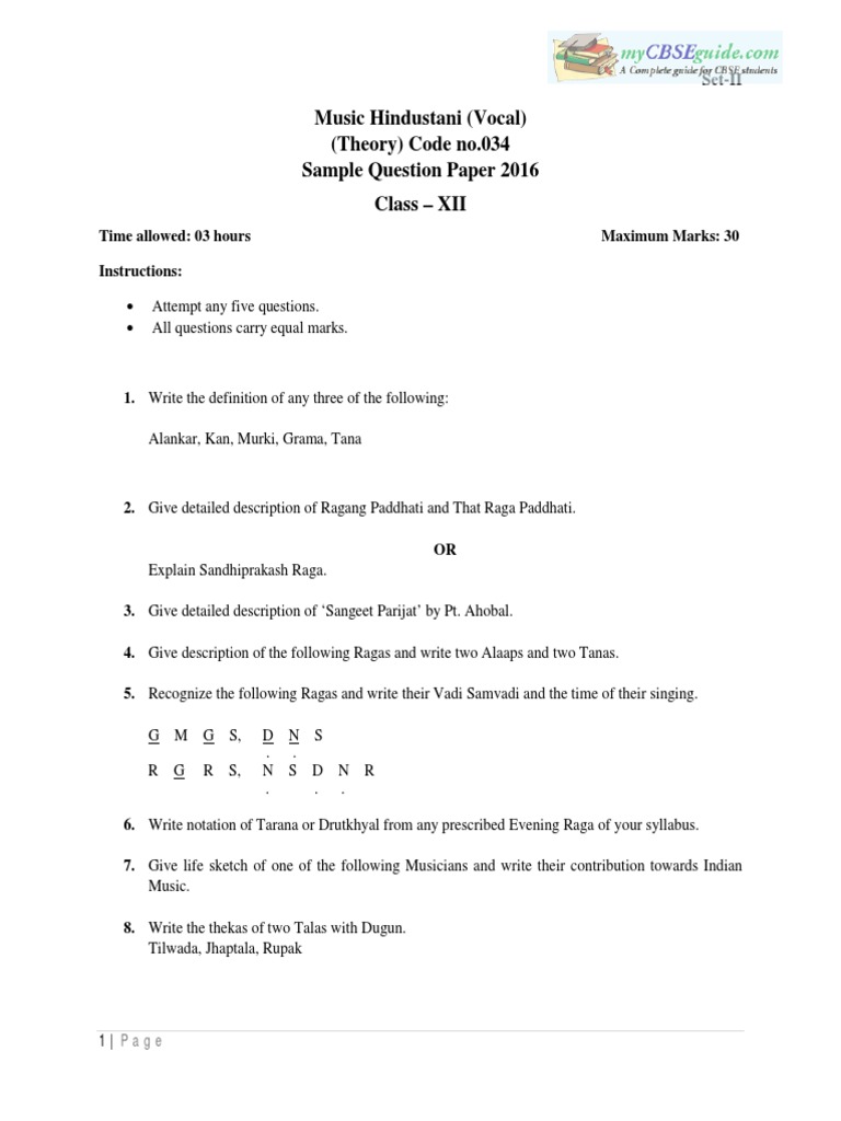 Class 12 Hindustani Music Sample Paper | PDF | Art | Religion ...
