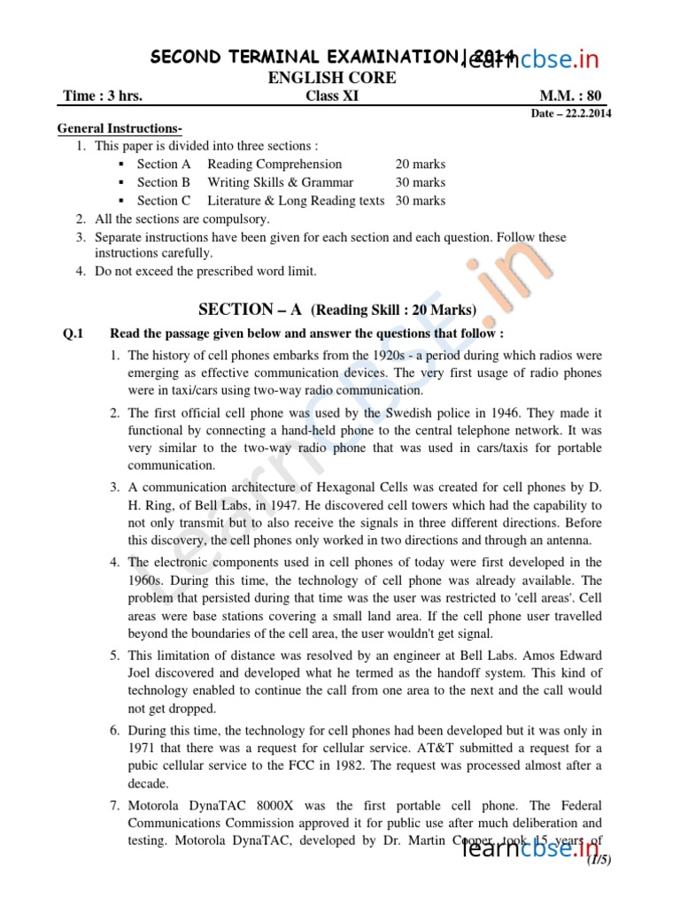 Cbse Class 11 English Sample Paper Sa2 2014 2 | PDF | Telephone ...