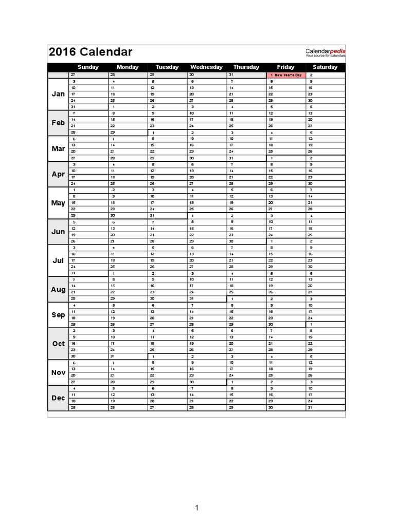 2016 Yearly Calendar Overview | PDF
