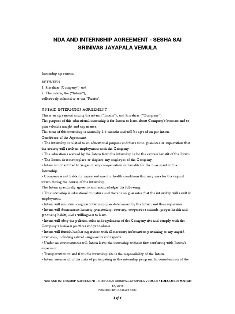 Nda and Internship Agreement Sesha Sai Srinivas Jayapala Vemula Signed | PDF | Internship | Job ...