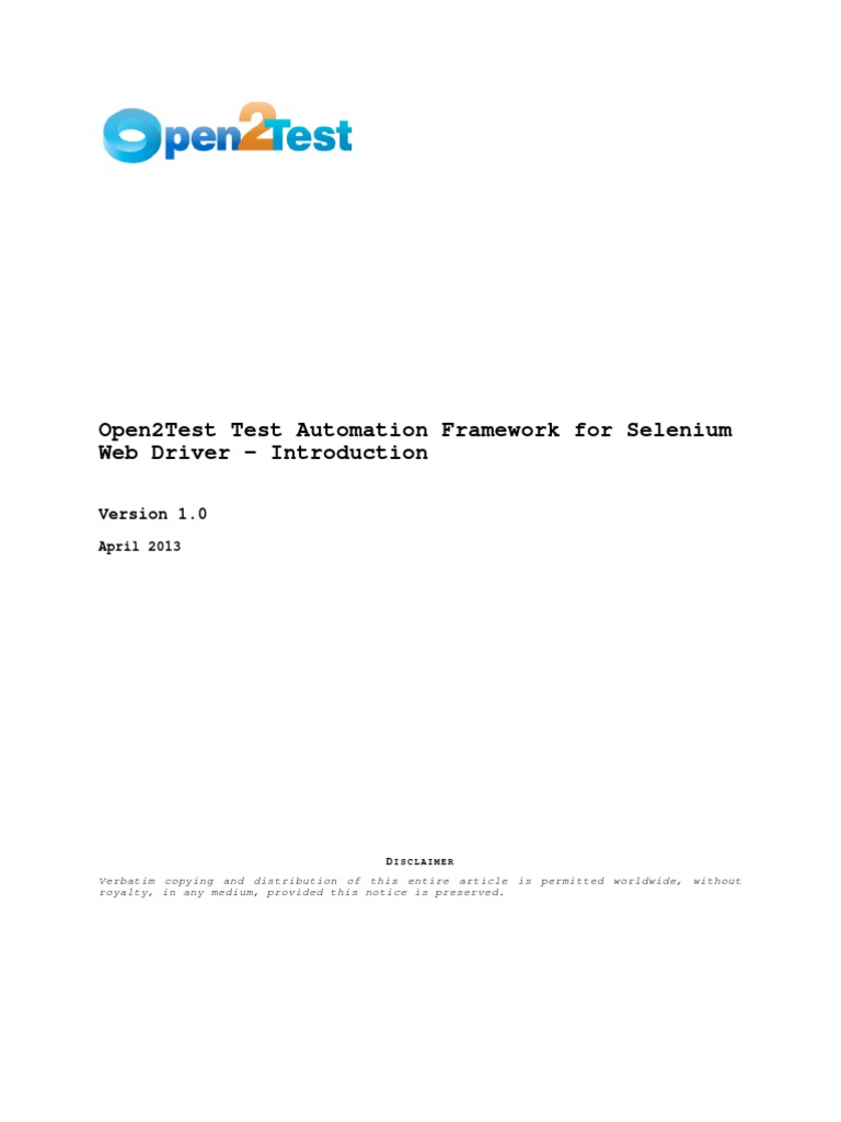 O2t Selenium Webdriver Framework Introduction Pdf Software Framework Object Computer Science