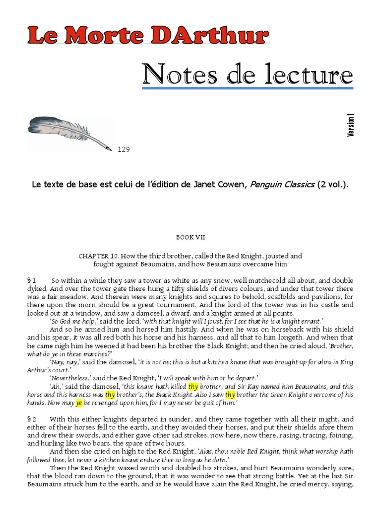 "Le Morte DArthur": Notes de Lecture Volet 129 | Download Free PDF ...
