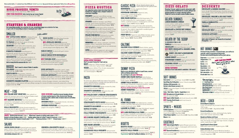 Jan Menu Zizzi Uk | PDF | Italian Cuisine | Tomato Sauce