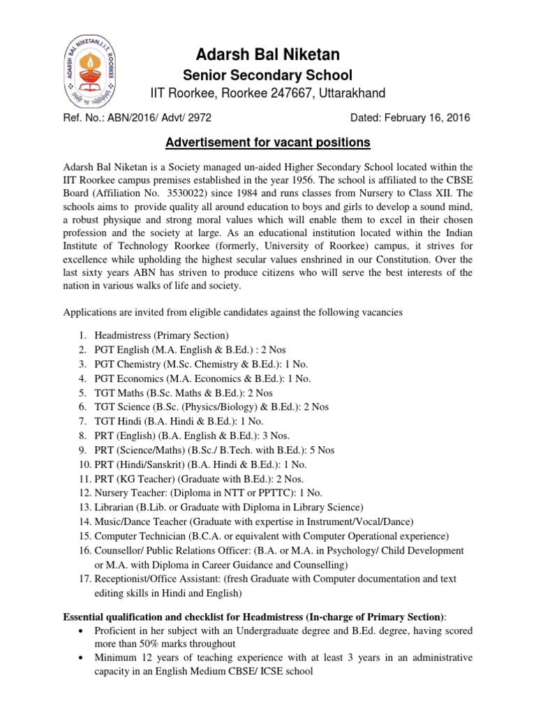 Adarsh Bal Niketan School Vacancies | PDF | Teachers | Academia