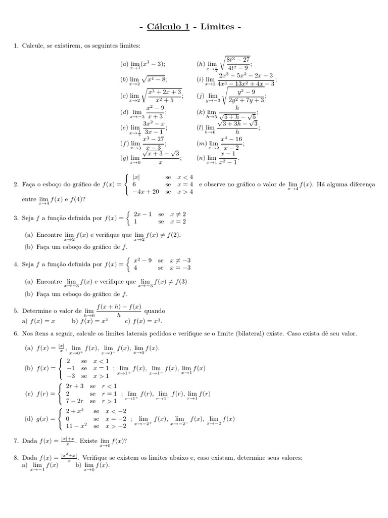 Exercícios de Limites em Cálculo 1 | PDF | Limite (Matemática ...