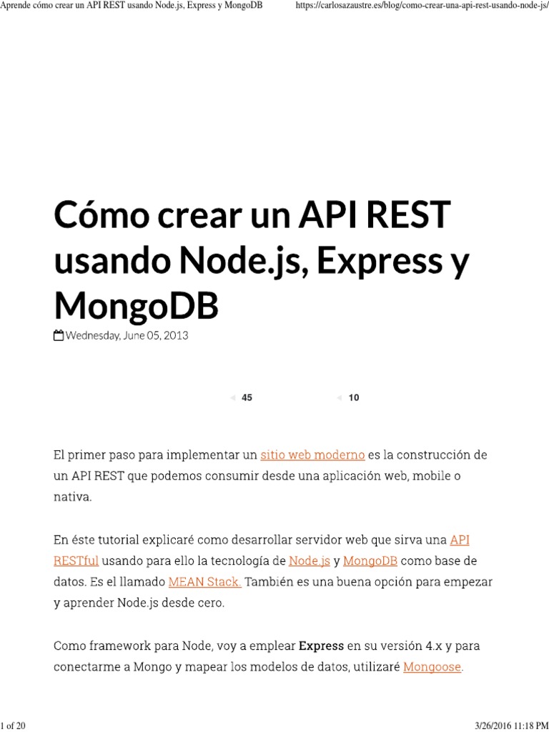 Crear API REST con Node.js y MongoDB | PDF | Red mundial | Internet y web