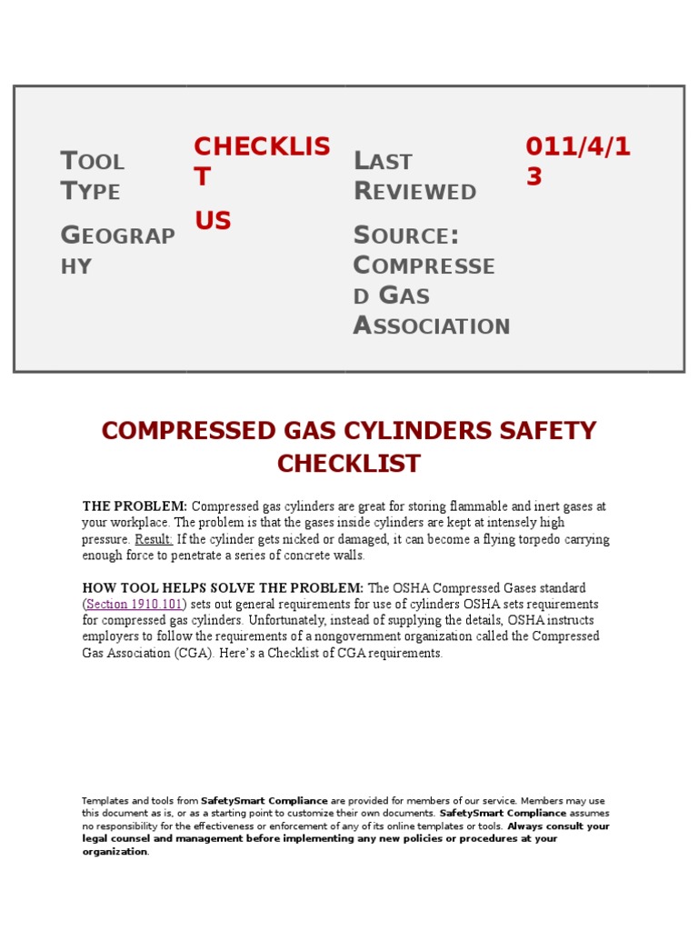 Compressed Gas Cylinders Safety Checklist | PDF | Flammability ...