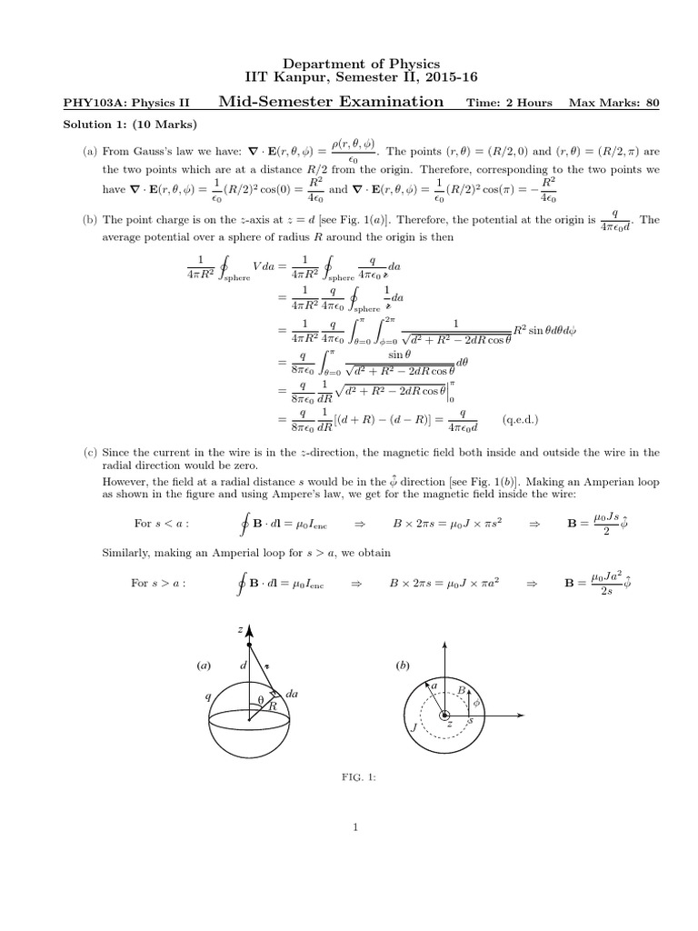 PHY103 MidSem Solutions | PDF | Dipole | Magnetic Field