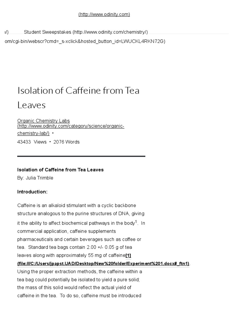 Isolation of Caffeine From Tea Leaves - Lab Experiment | PDF ...