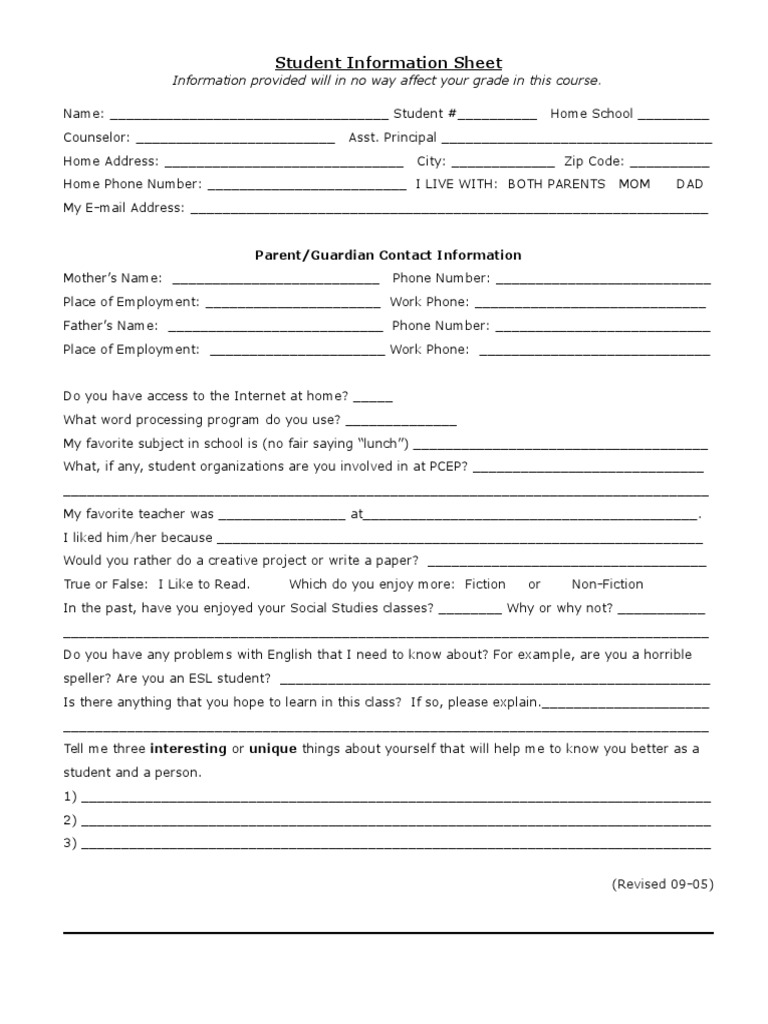 Student Information Sheet Revised | PDF