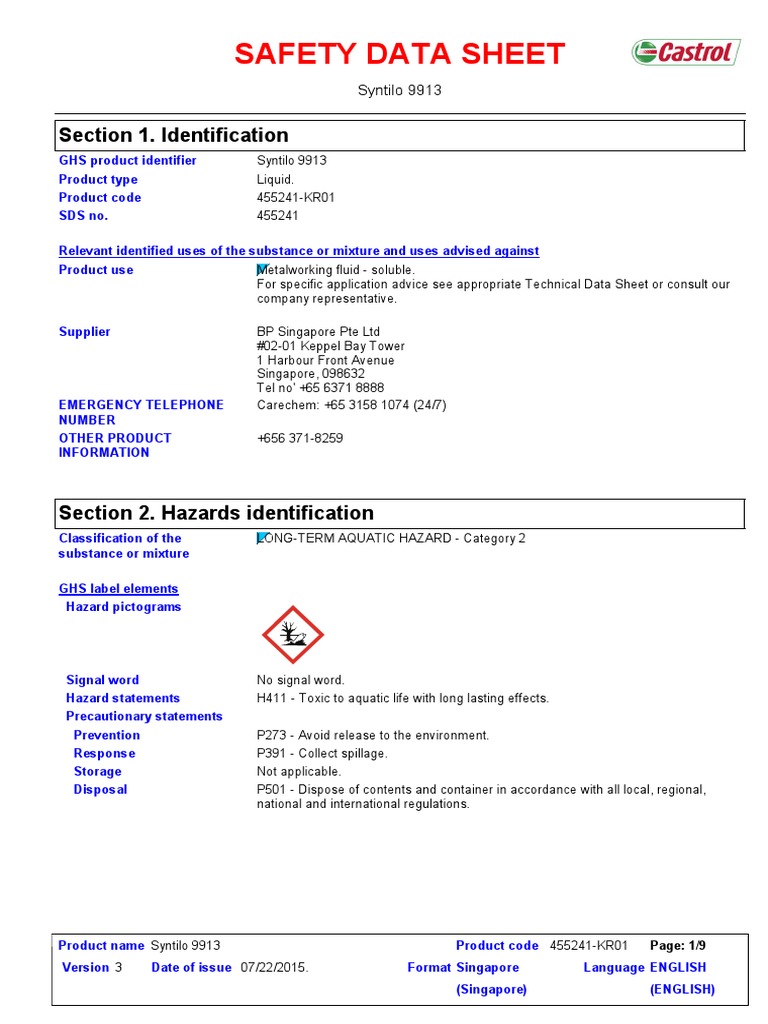 Syntilo 9913 Msds | PDF | Personal Protective Equipment | Chemistry