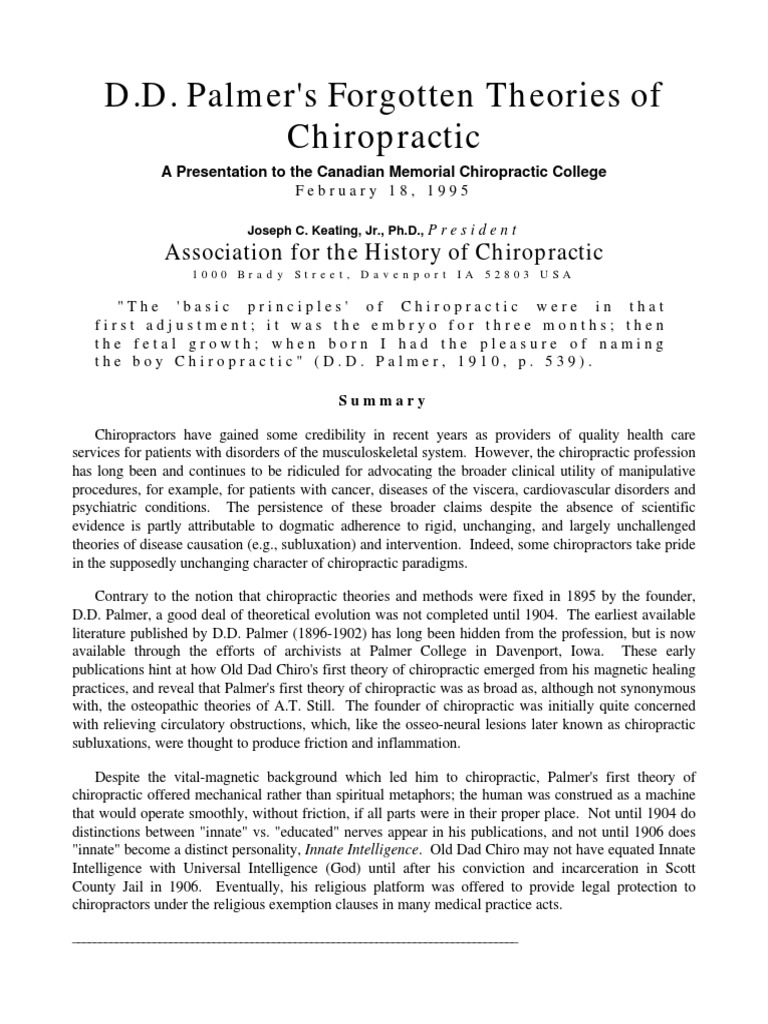 DD Palmer Forgotten Theories | PDF | Chiropractic | Vertebral Column