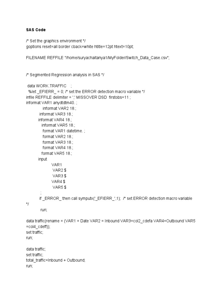 SAS and R Code for Traffic Analysis | PDF | P Value | Statistical Inference