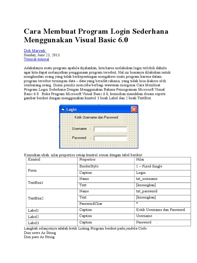 Cara Membuat Program Login Sederhana Menggunakan Visual Basic 6 | PDF ...