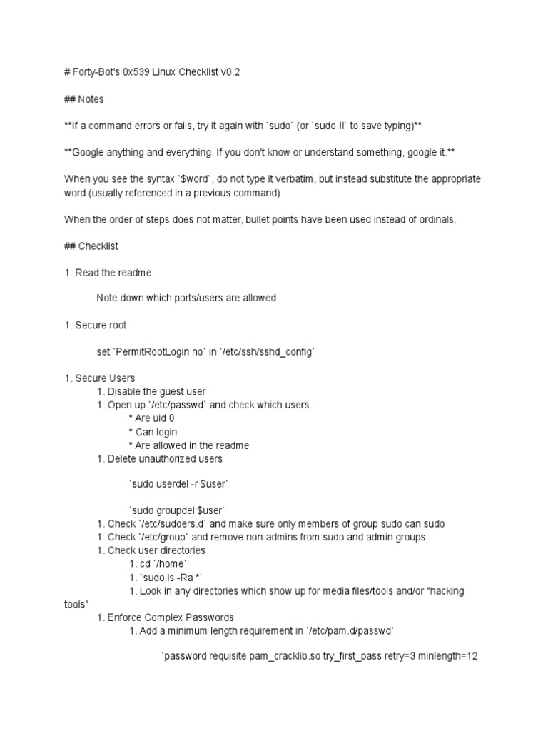 # Forty-Bot's Linux Checklist | PDF | Sudo | Advanced Packaging Tool