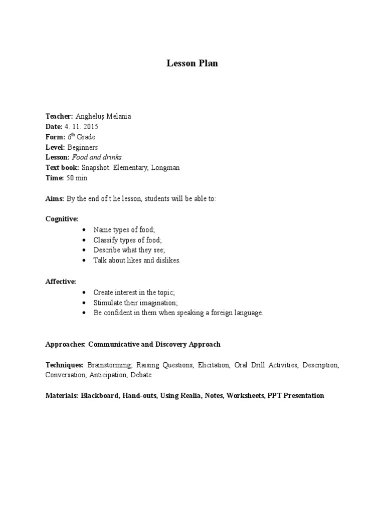 0 Lesson Plan 6 | PDF | Lesson Plan | Food And Drink