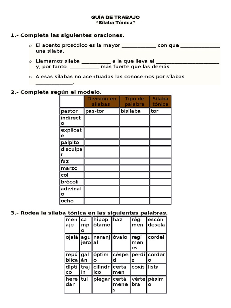 GUÍA de TRABAJO Silaba Tonica | PDF