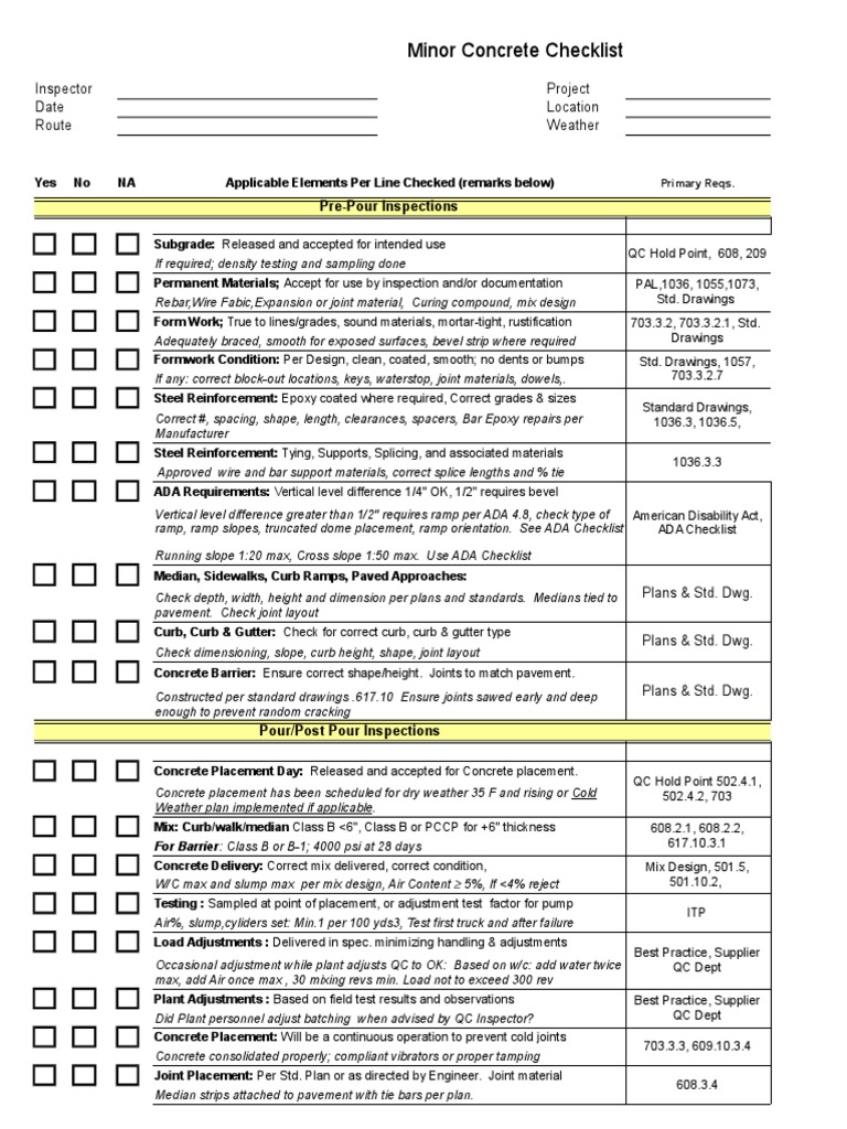 Section 500 Checklist | PDF | Road Surface | Concrete