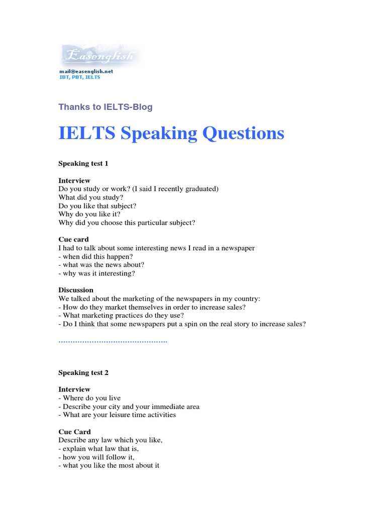 IELTS Speaking Topics and Questions | PDF | Conversation | Advertising