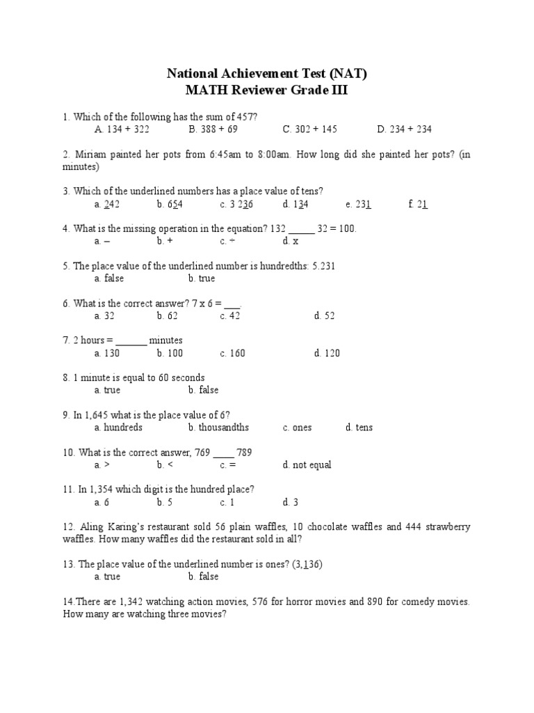 National Achievement Test For Grade 3 | PDF