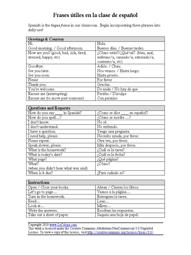 Frases Útiles en La Clase de Español: Greetings & Courtesy | PDF