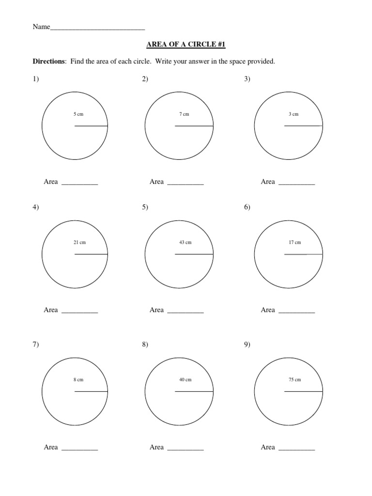 Area of a Circle Practice Worksheet | PDF