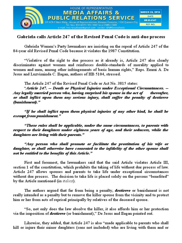 march22.2016Gabriela calls Article 247 of the Revised Penal Code is ...