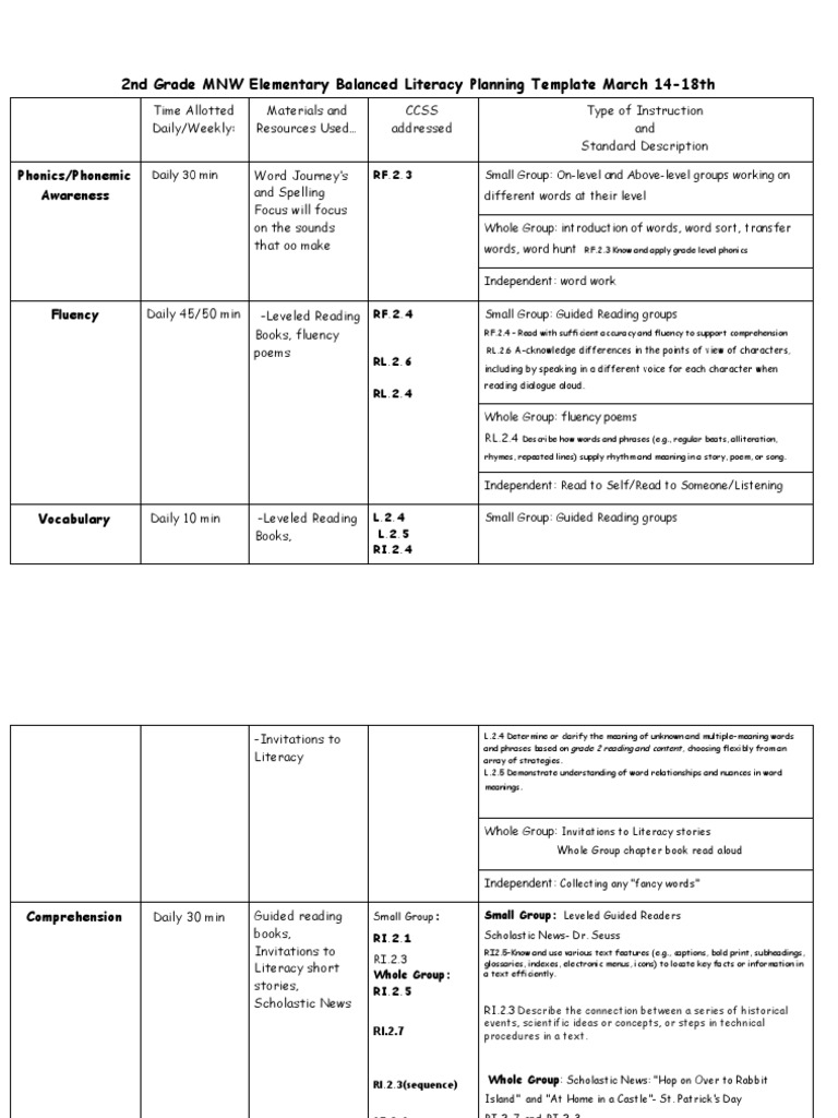 2nd Grade Literacy Planning Template | PDF | Phonics | Reading (Process)