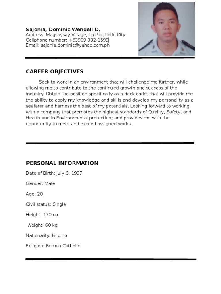 Deck Cadet Resume of Dominic Sajonia | PDF