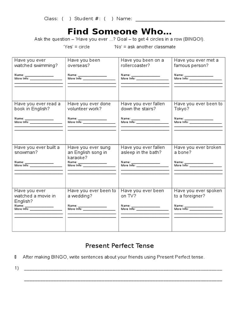 Present Perfect Bingo Activity | PDF