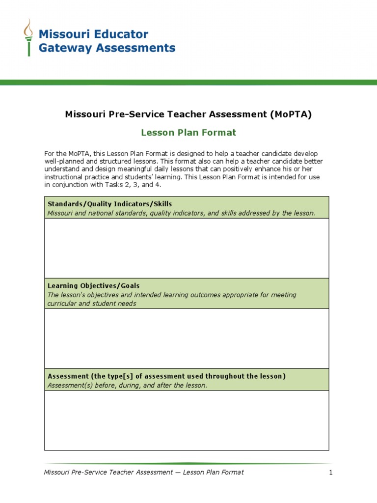 MOPTA Lesson Plan Form | PDF | Lesson Plan | Educational Assessment